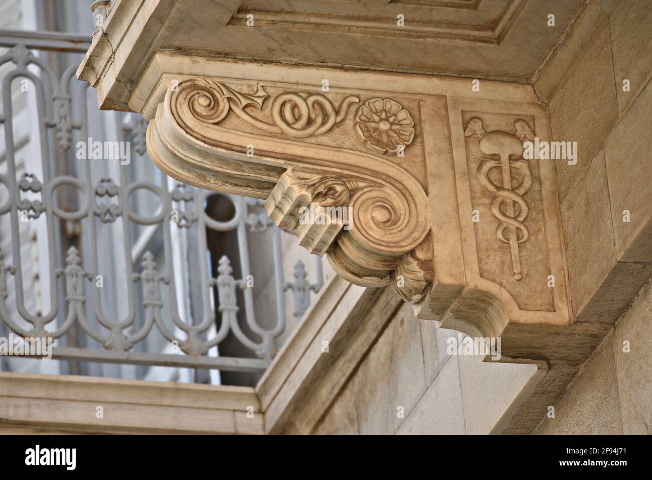 Neoclassical house Ionic sculpted marble balcony pillar with a ...