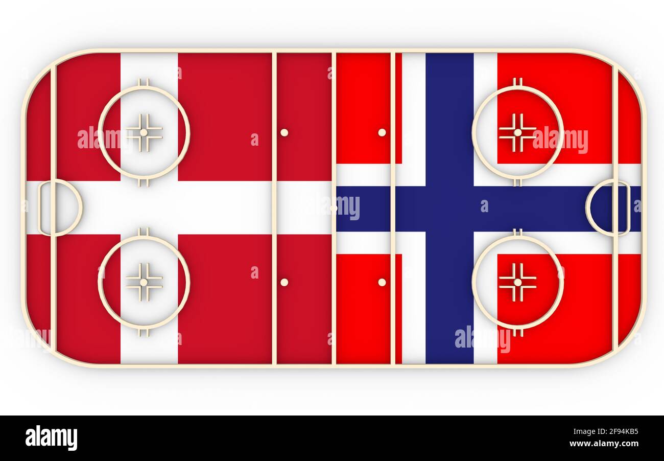Denmark vs Norway. Ice hockey competition. National flags on playground ...
