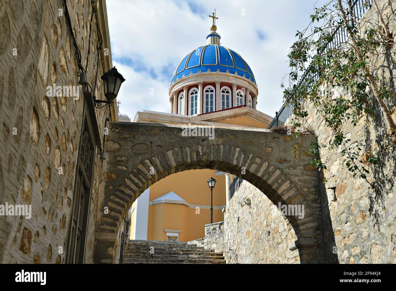 Scenic dome view of Aghios Nikolaos, a Byzantine Greek Orthodox church ...