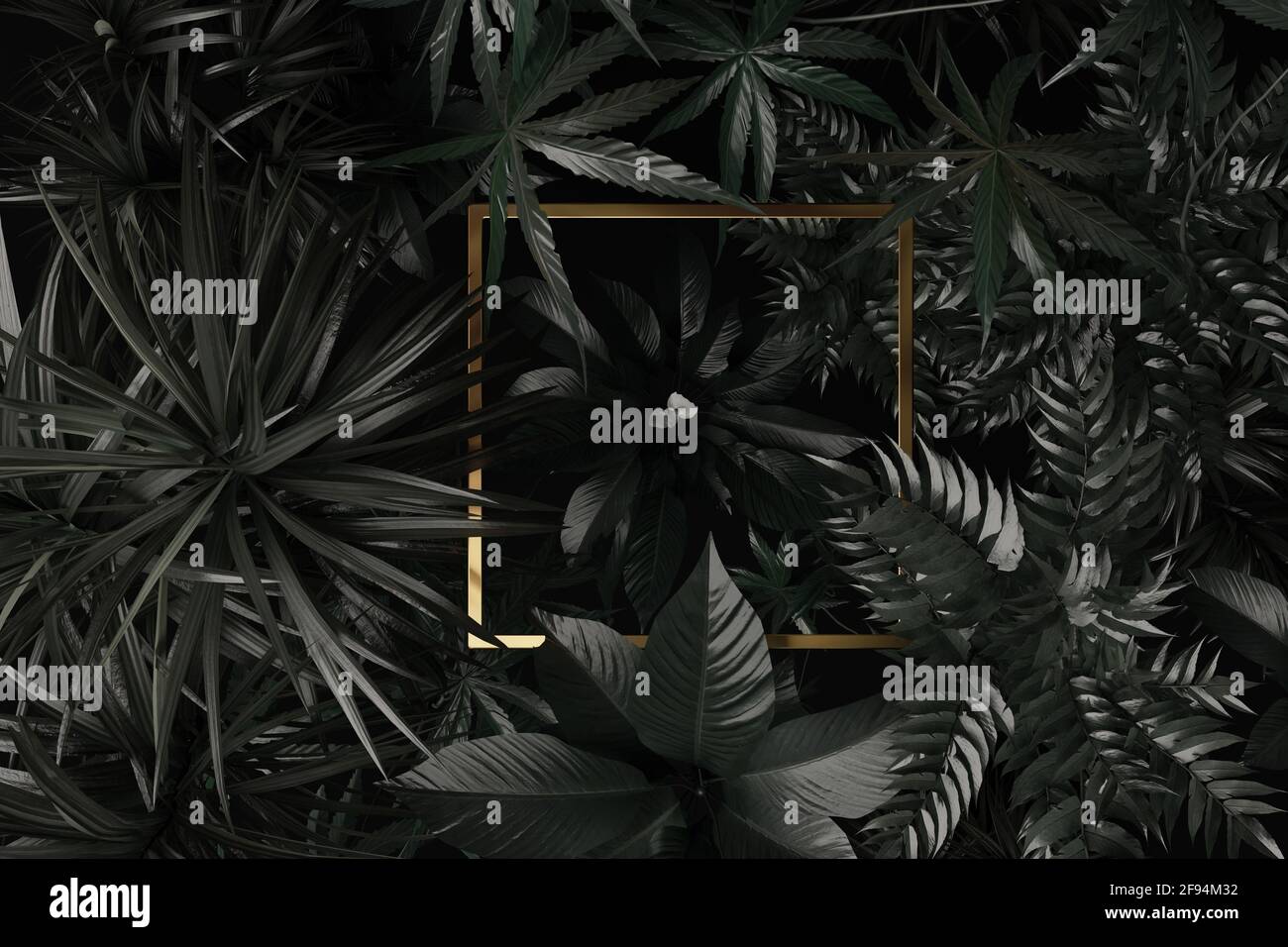 3d rendering of square golden shape over tropical plants. Flat lay of ...