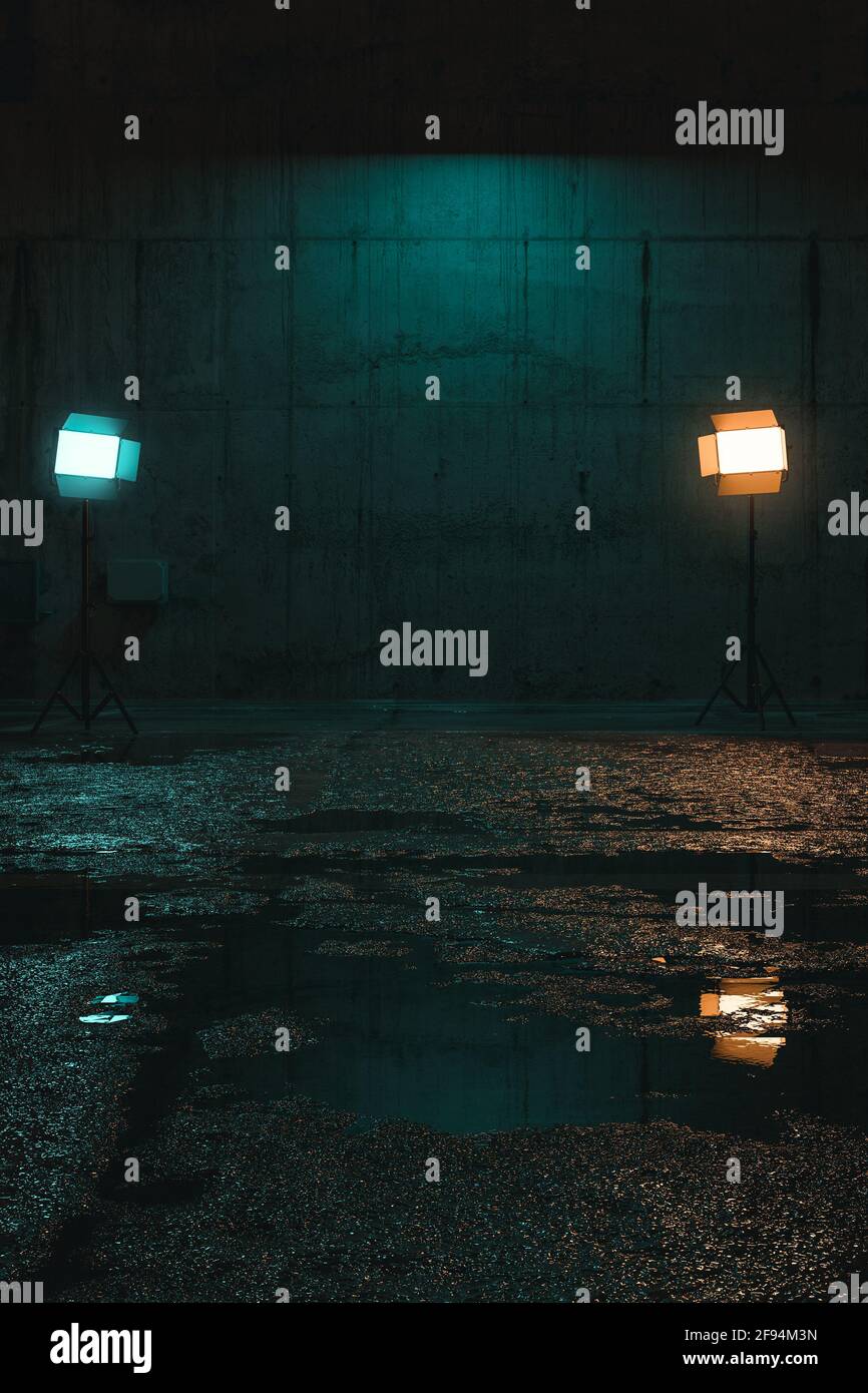 3d rendering of grunge backyard and wet street asphalt at night ...