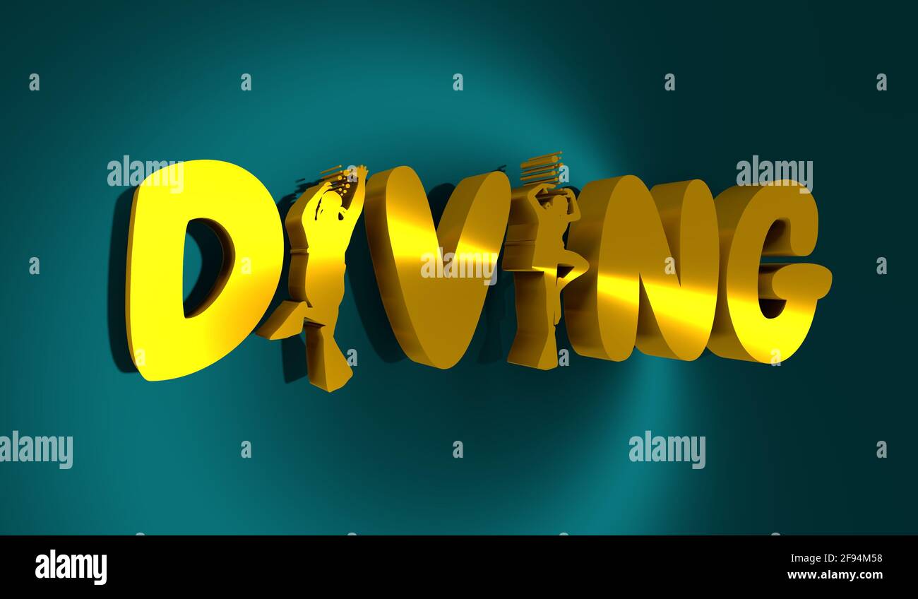 Diving word with silhouettes of diver. The concept of sport diving. 3D ...
