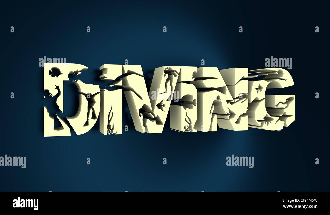 Diving word with silhouettes of diver. The concept of sport diving. 3D ...