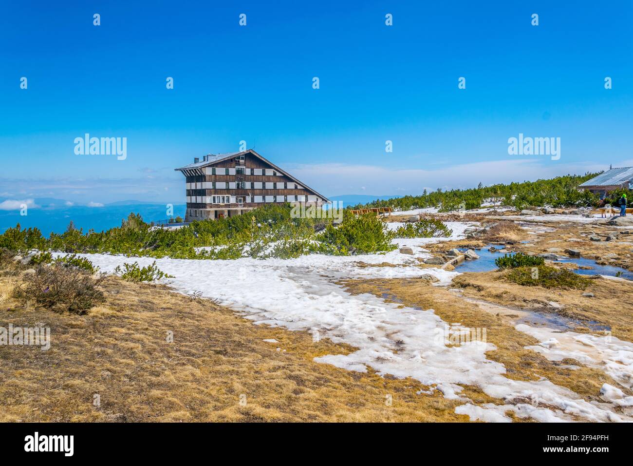 View of a mountain hut on the edge of Bezbog lake in Bulgaria Stock ...