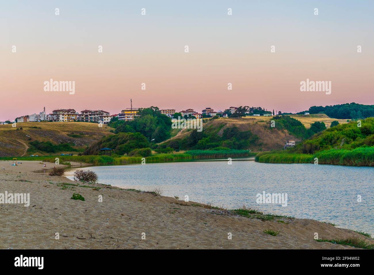 View of estuary of Veleka river reaching the Black sea in Bulgaria ...