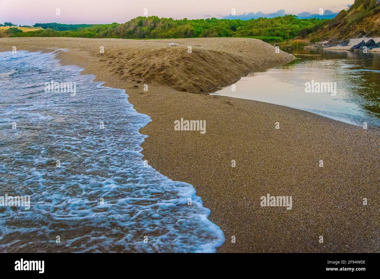 View of estuary of Veleka river reaching the Black sea in Bulgaria ...