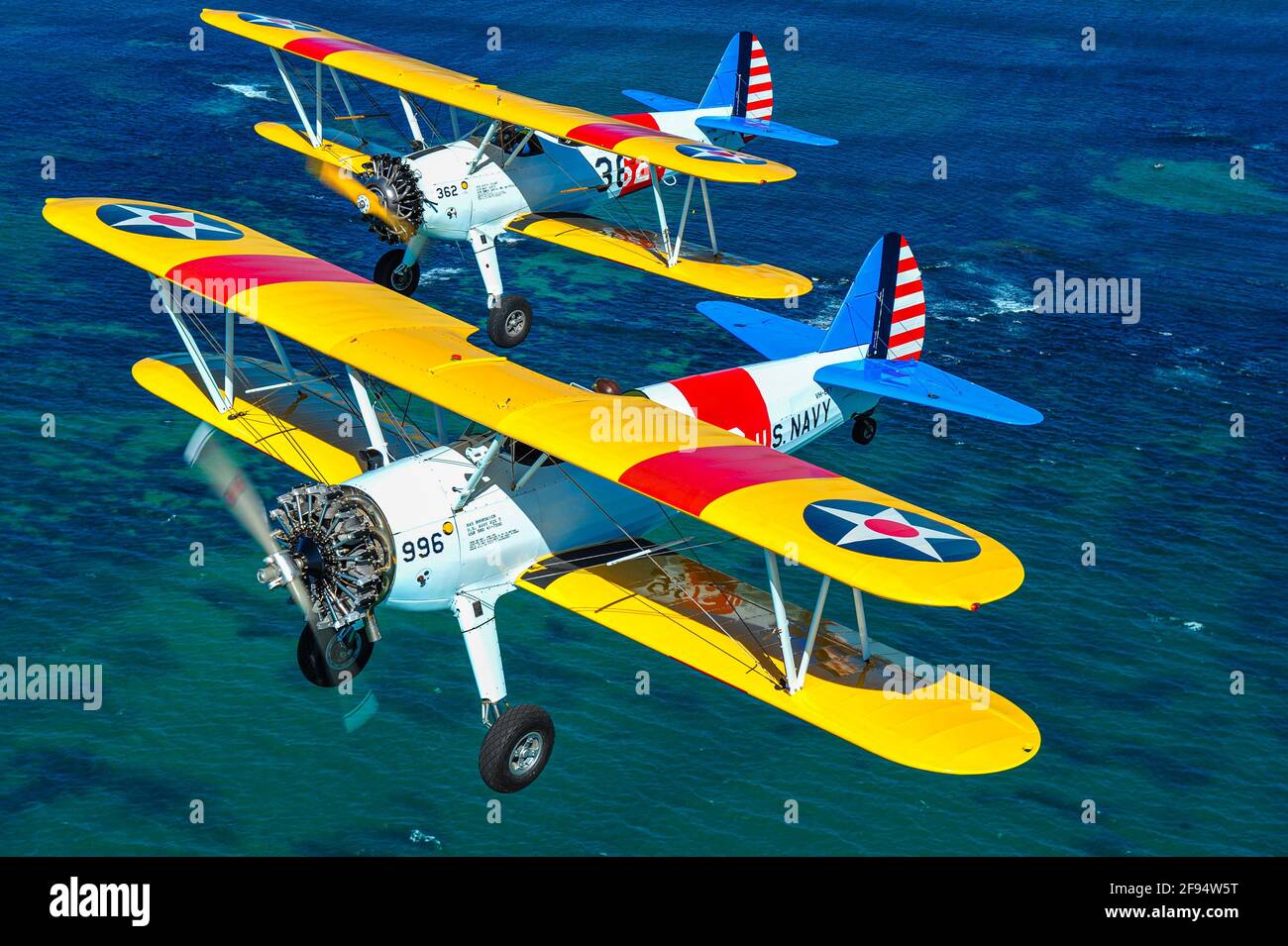 An air to air portrait of two restored 1930's Boeing Stearman biplanes ...