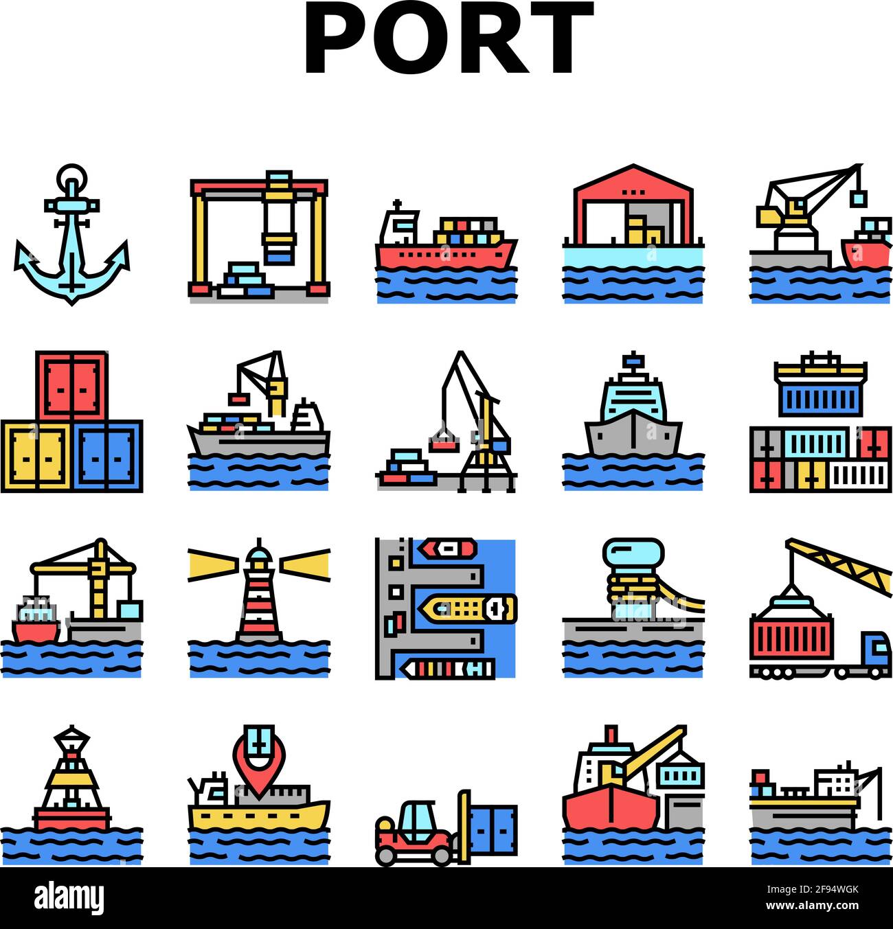 Container Port Tool Collection Icons Set Vector Stock Vector Image ...
