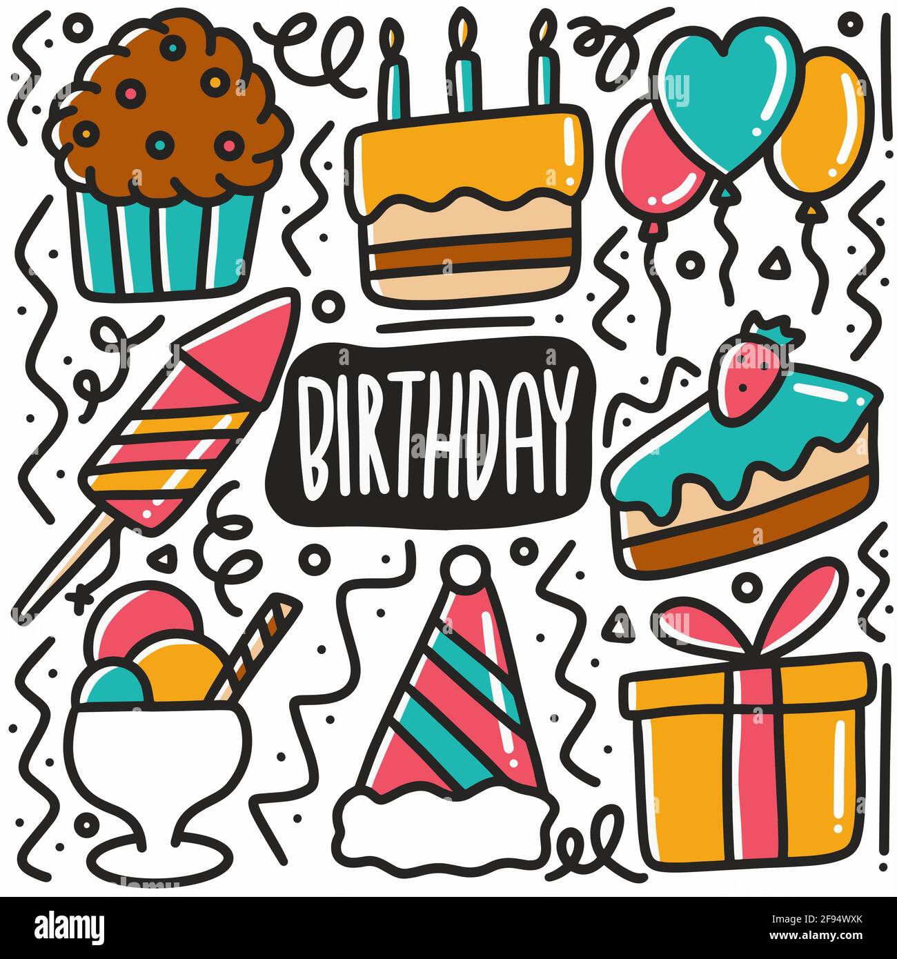 Cartoon birthday doodle Cut Out Stock Images & Pictures - Alamy