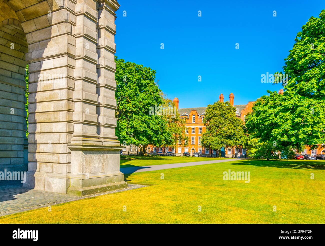 View of a building on the parliament square inside of the trinity college campus in Dublin ...