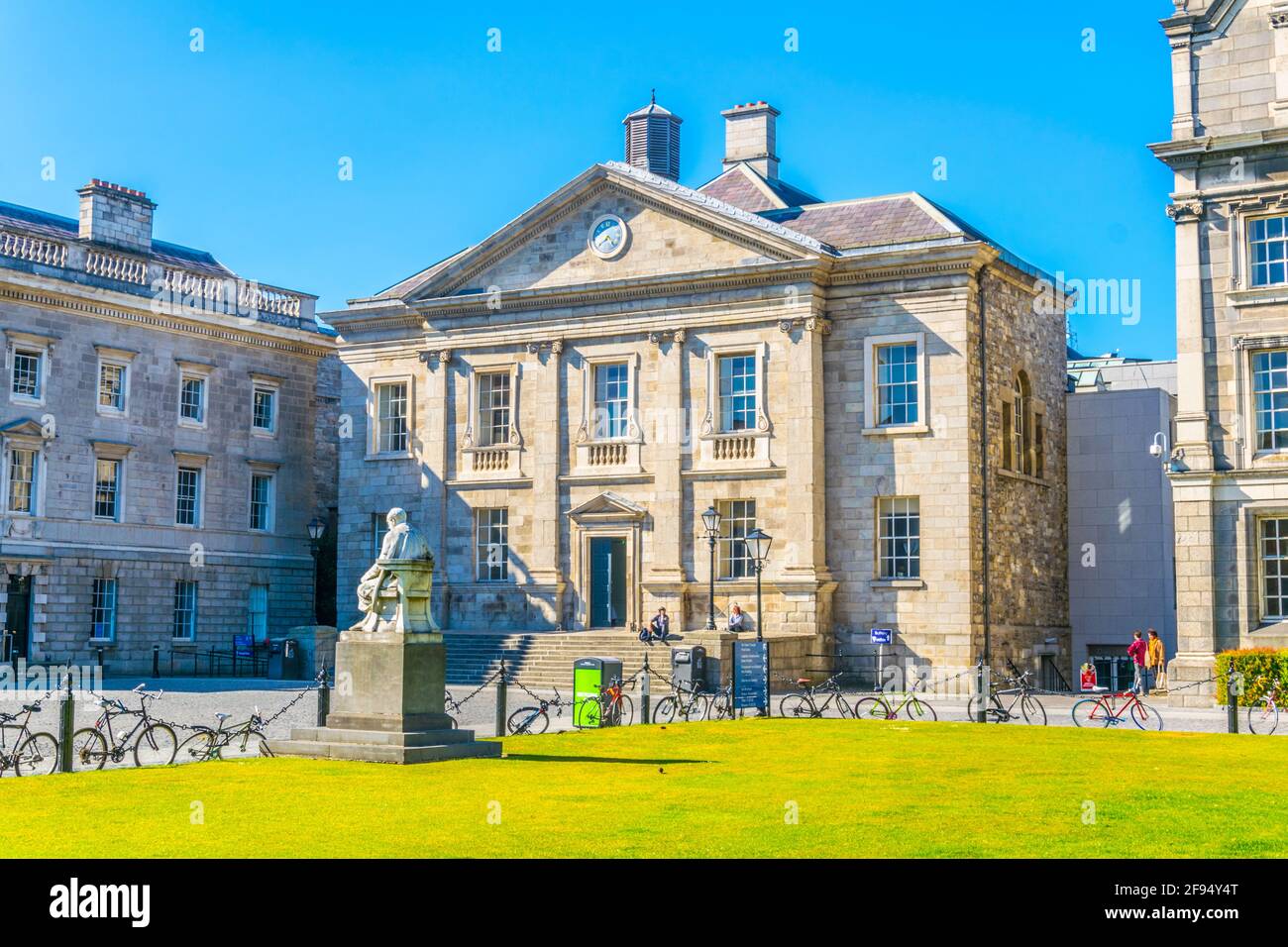 View of a building on the parliament square inside of the trinity college campus in Dublin ...