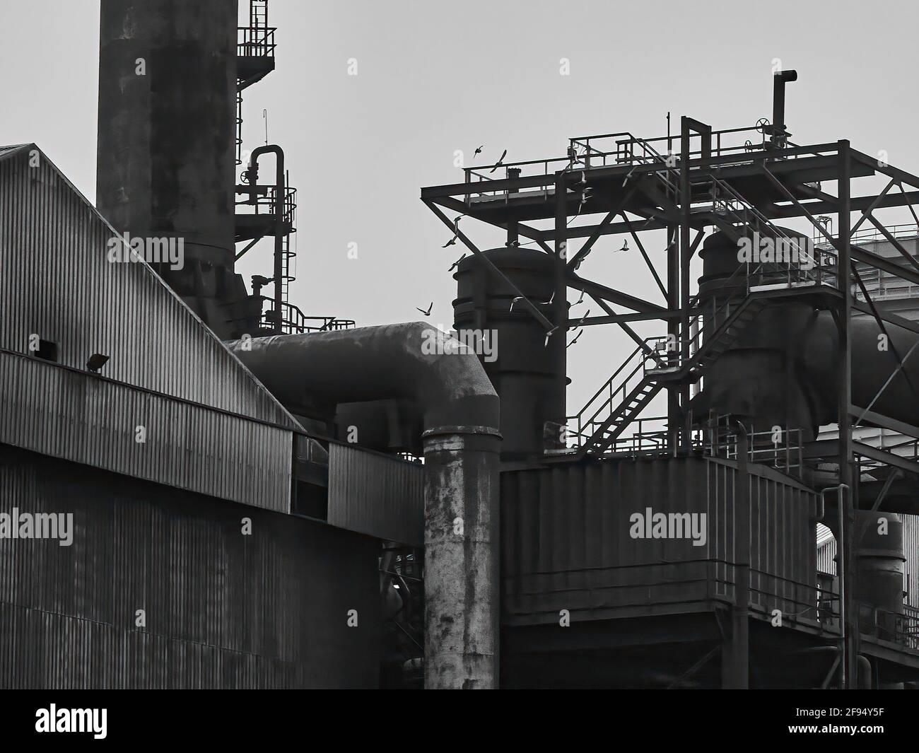 A detail from the abandoned Redcar Steelworks complex, a flock of ...