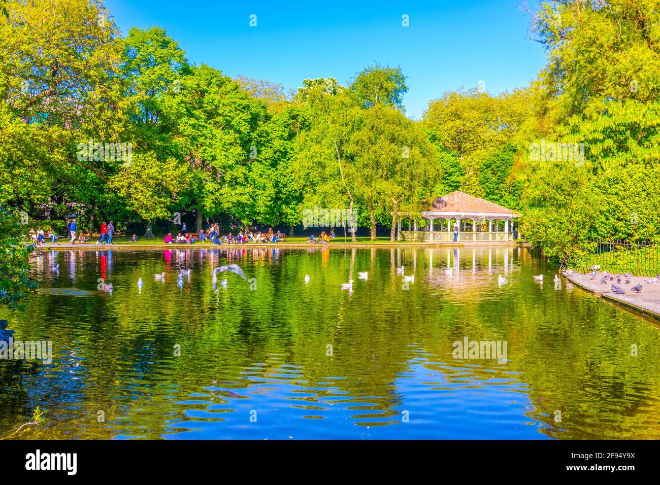 View of a small pond in the Saint Stephen's Green park in Dublin ...