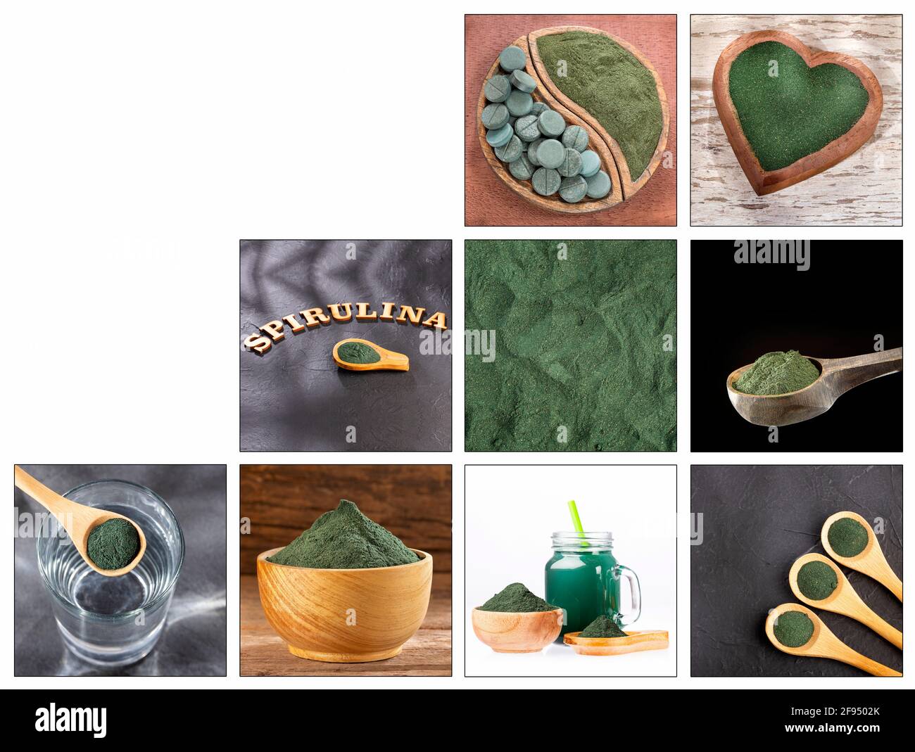 Creative collage of spirulina images - dietary supplement Stock Photo ...
