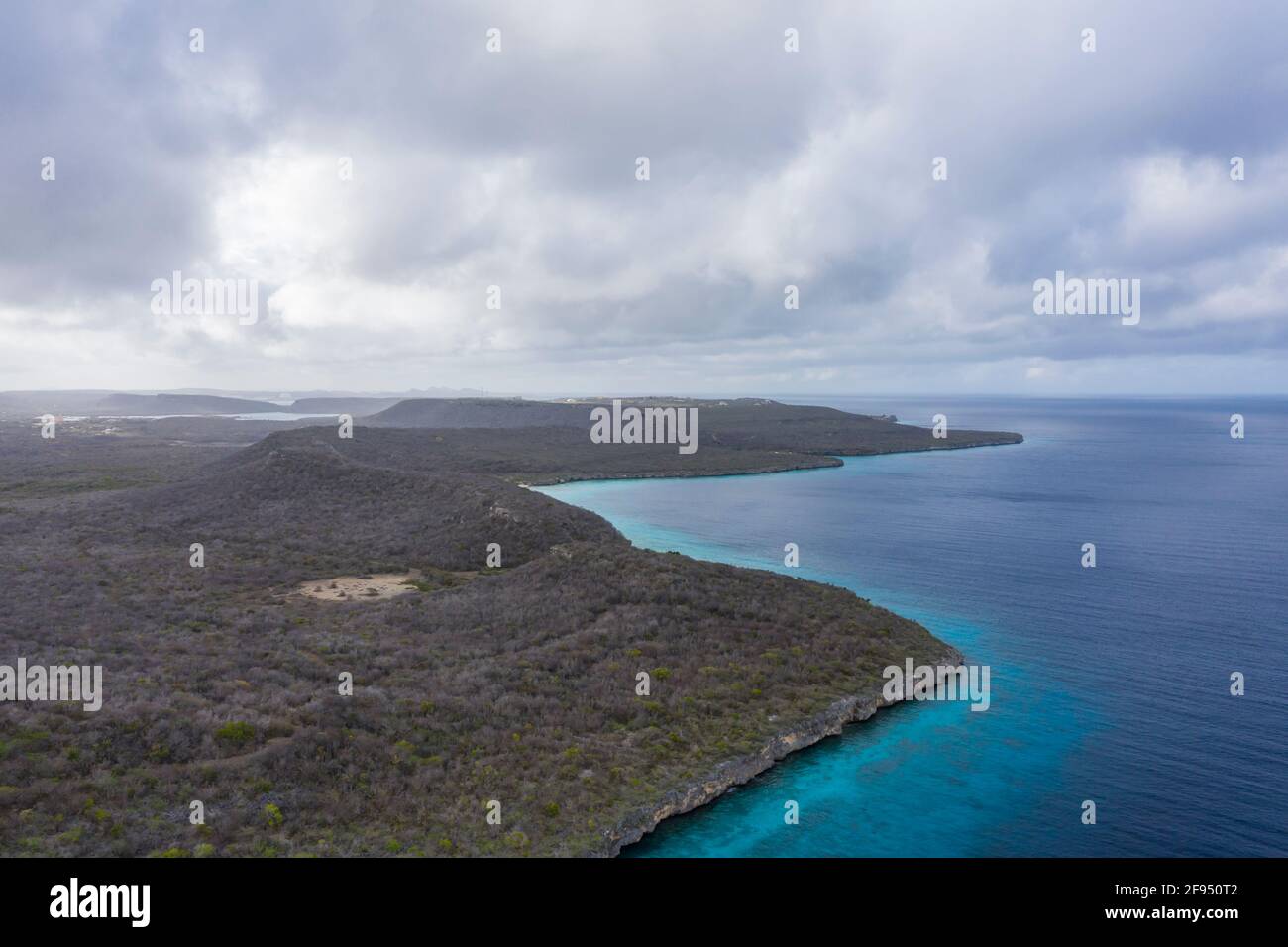 Aerial view above scenery of Curacao, Caribbean with ocean, coast and ...