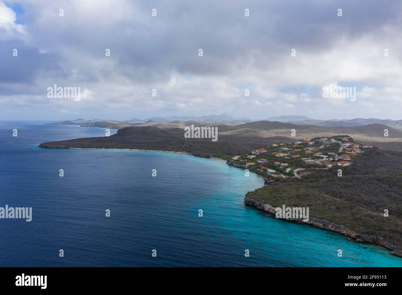 Aerial view above scenery of Curacao, Caribbean with ocean, coast and ...
