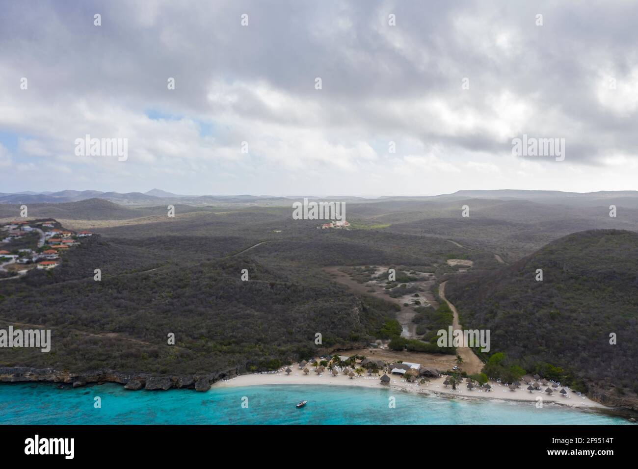 Aerial view above scenery of Curacao, Caribbean with ocean, coast and ...