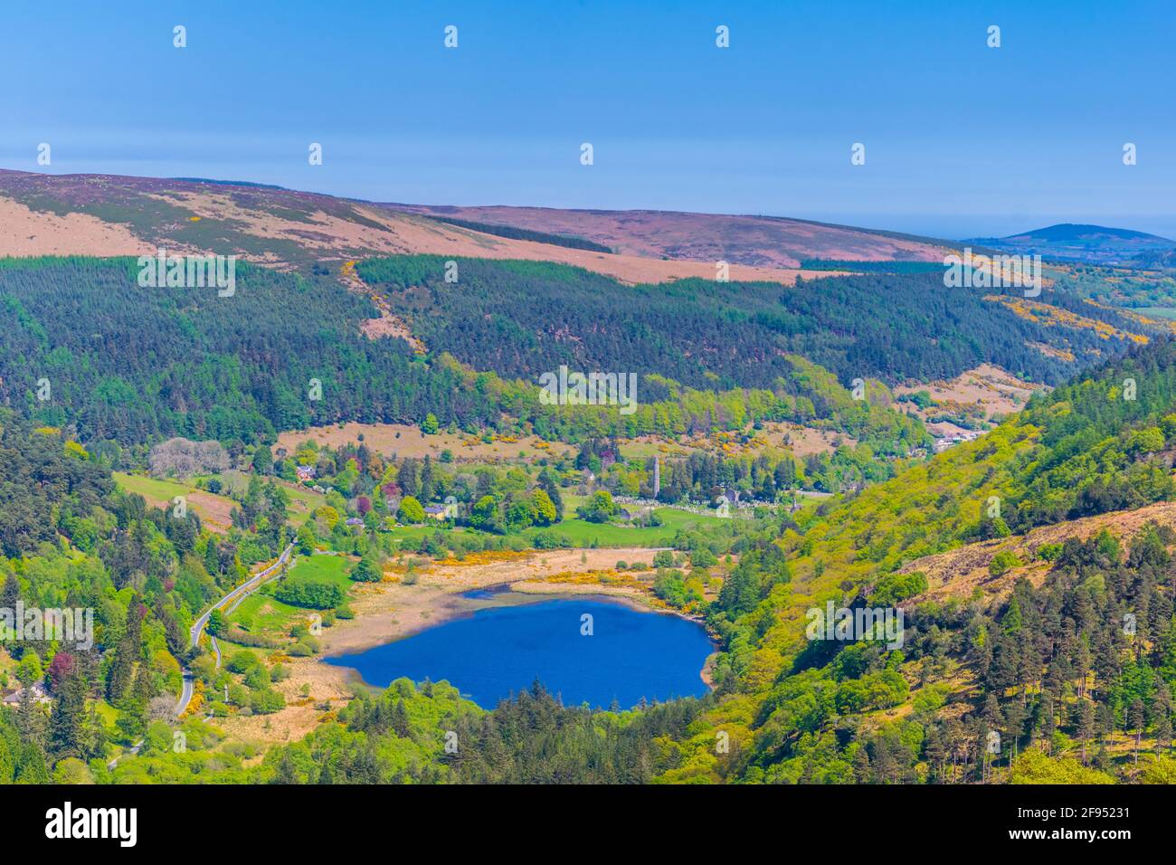 Aerial view of the upper and lower lake in Glendalough, Ireland Stock ...