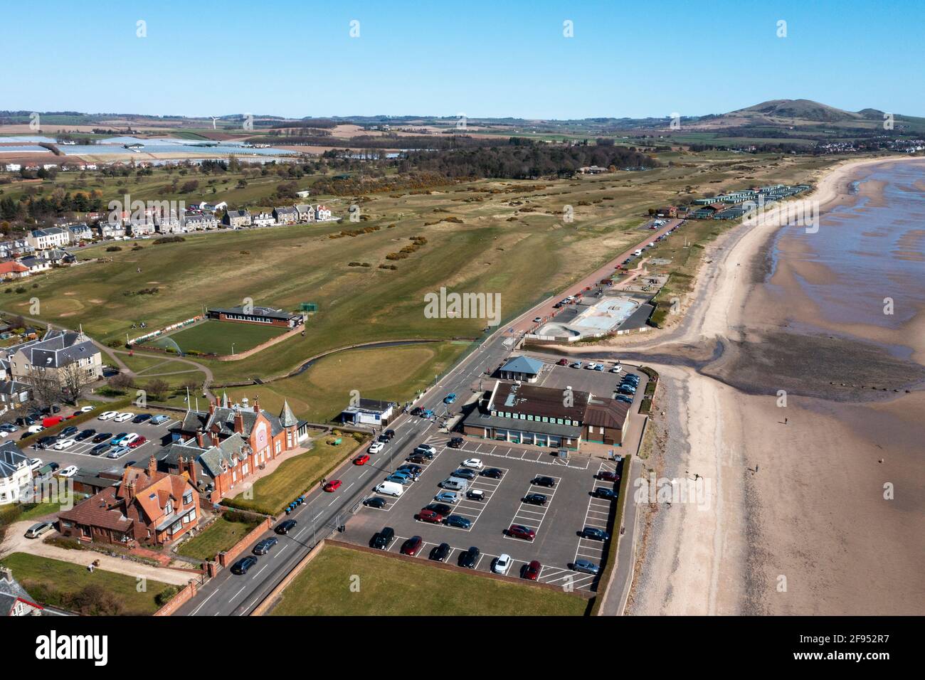Aerial view of Leven beach and Leven links golf course, Leven, Fife ...