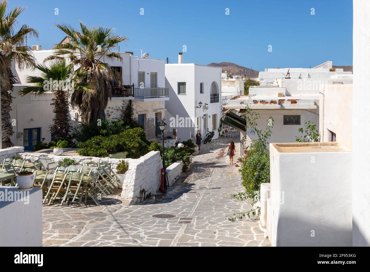 Naoussa, Paros Island, Greece - 27 September 2020: View of the narrow ...