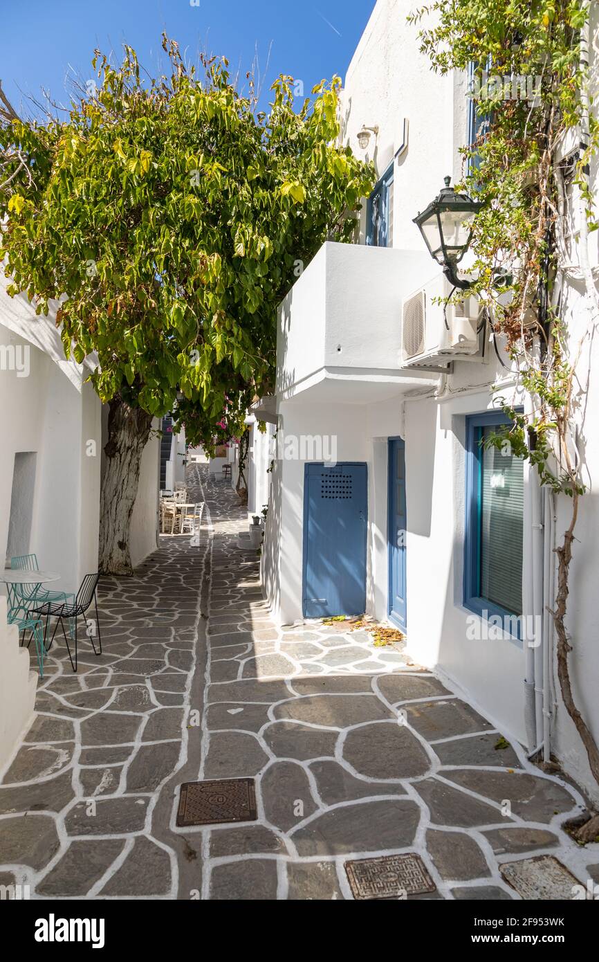 Naoussa, Paros Island, Greece - 27 September 2020: View of the narrow ...