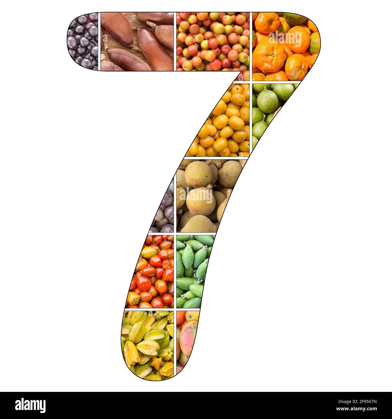 No. 7 (seven) with fruit background - White background Stock Photo - Alamy