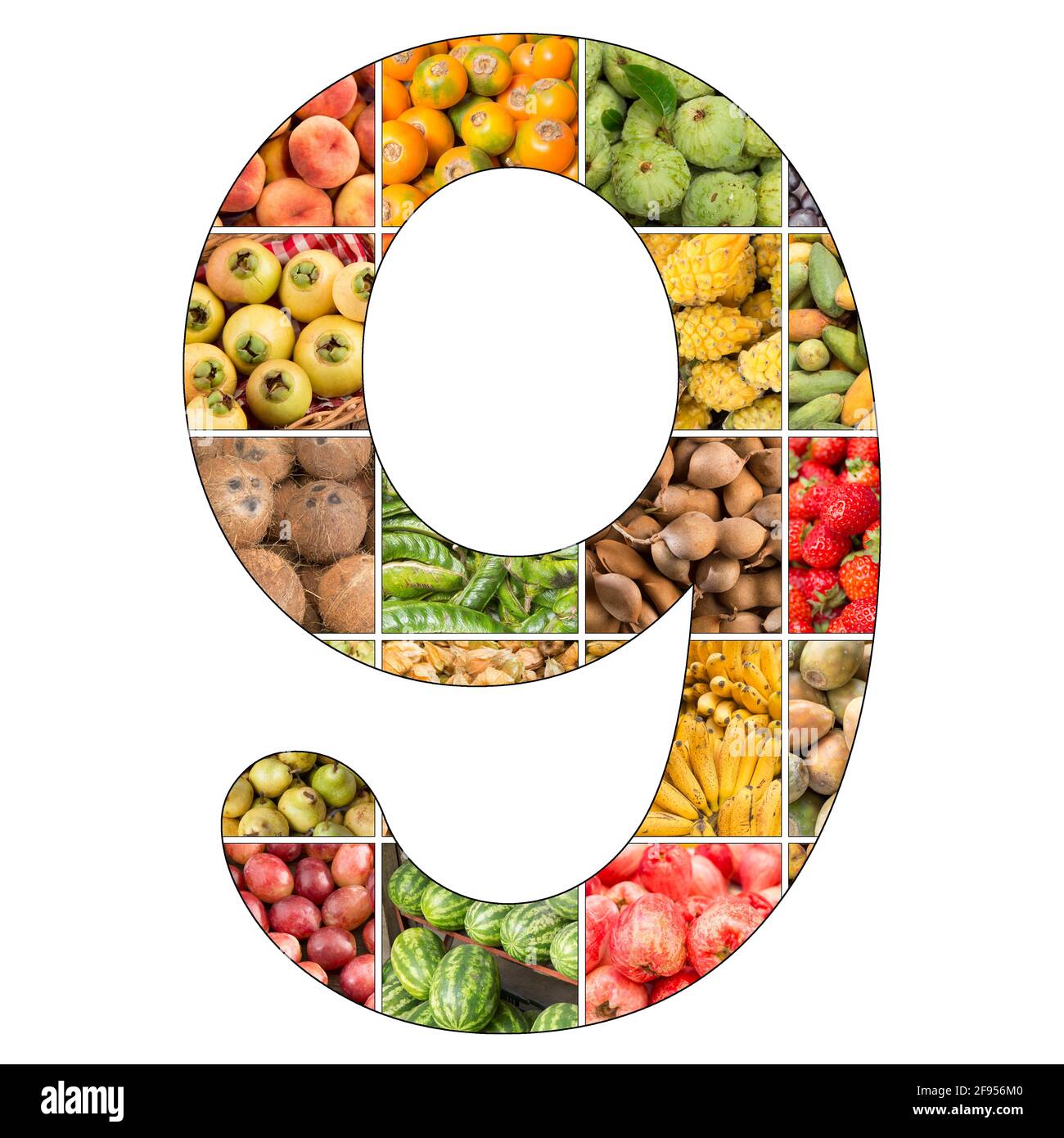 No. 9 (nine) with fruit background - White background Stock Photo - Alamy