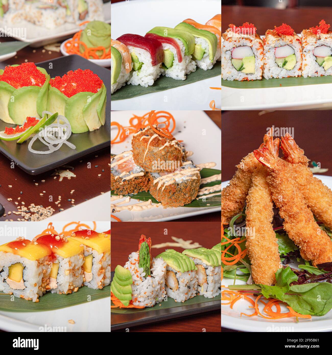 Collage of traditional Japanese sushi with fish and rice Stock Photo ...