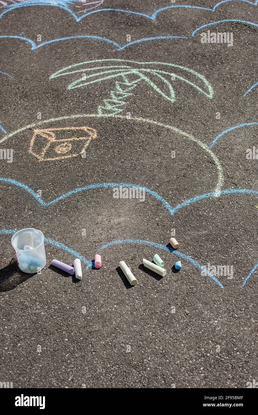 drawings on pavement. children's drawings with crayons on the pavement ...
