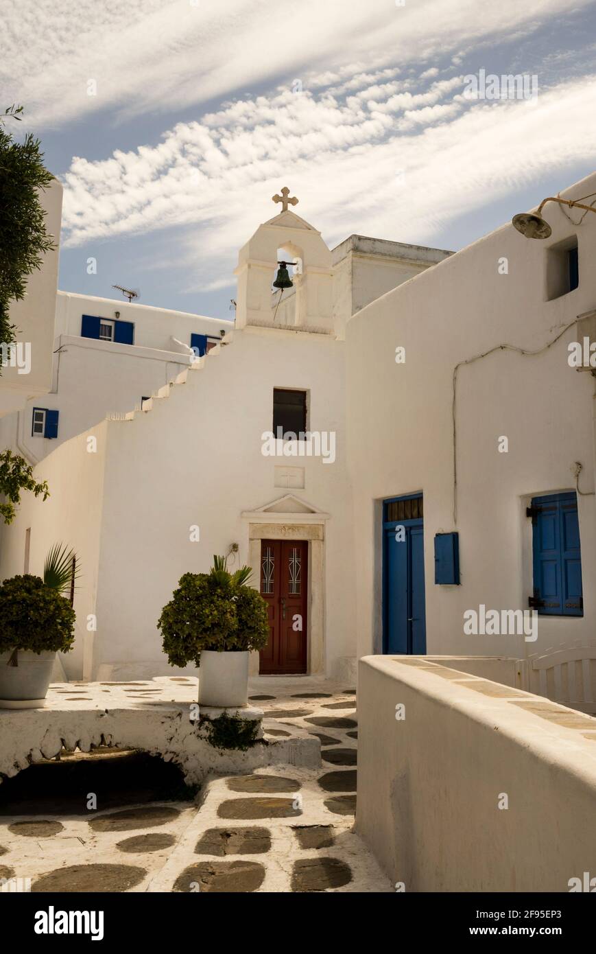 A crow-stepped gable leads to a bell tower at a Greek church on the ...