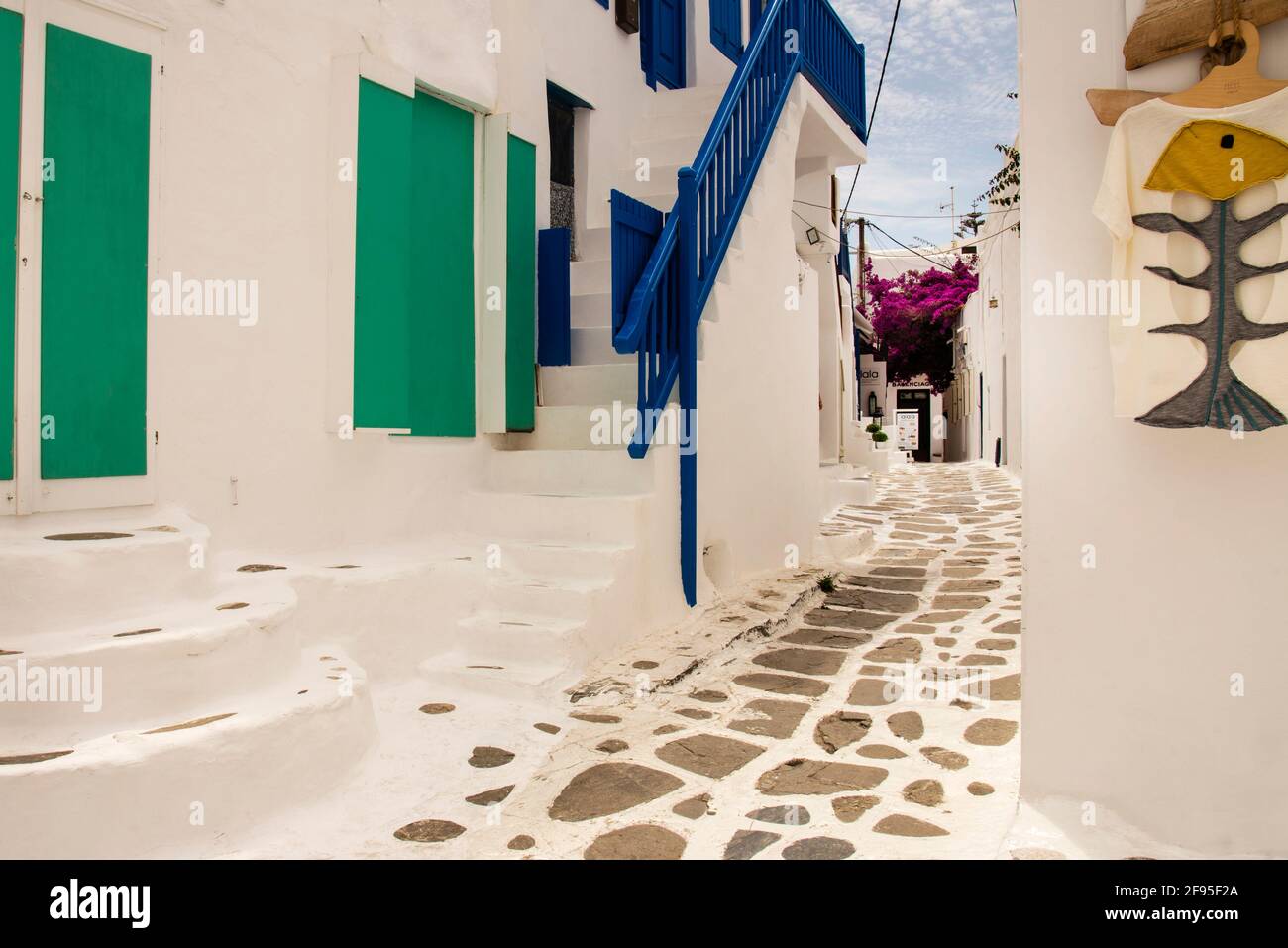 Mykonos, a Greek Island in the Aegean Sea, is one of narrow stone ...