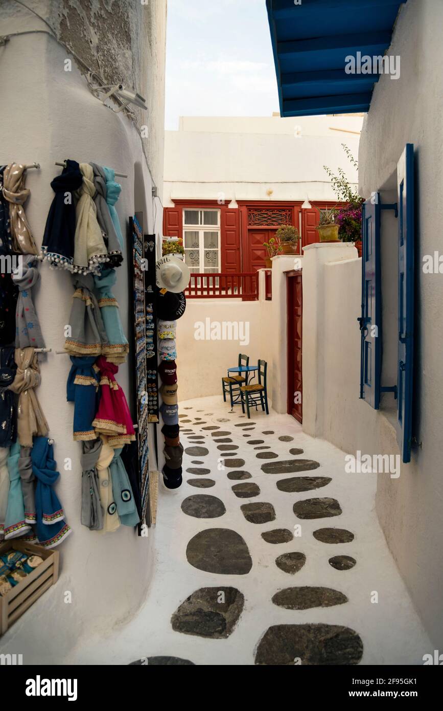 Narrow walkways paved in stone throughout the town of Chora on the ...