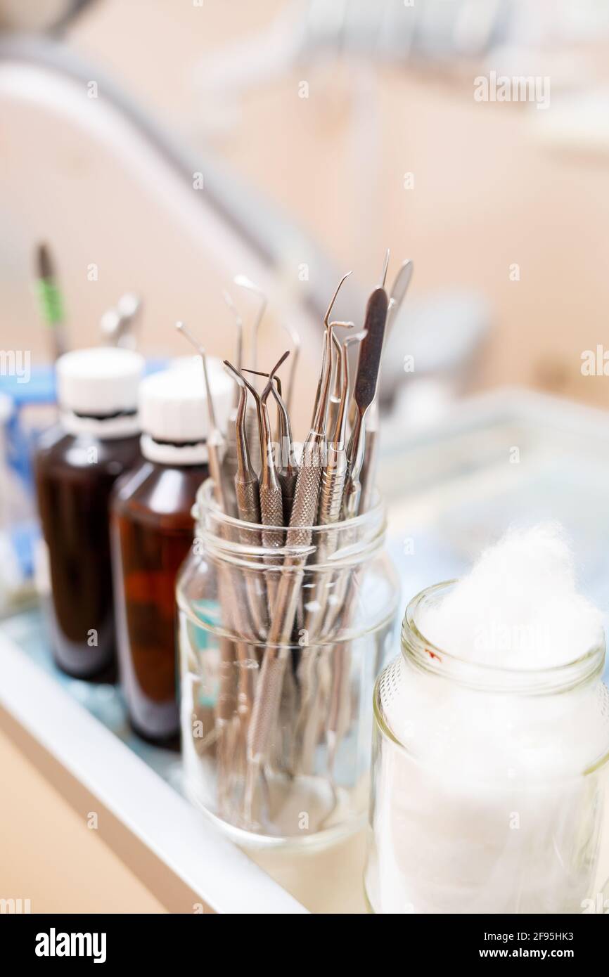 Dentist dental instruments on the medical table. Laboratory instrument ...
