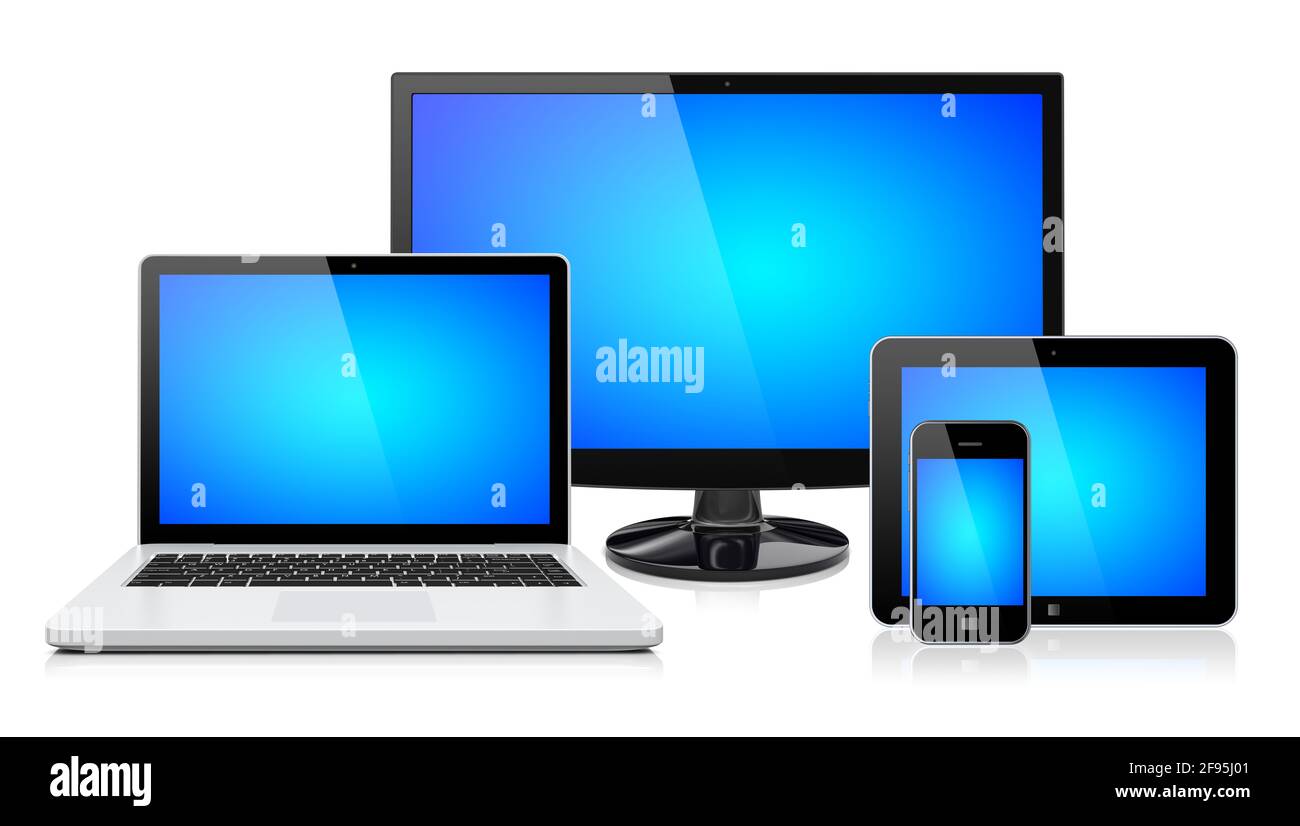 Computer monitor, laptop, tablet pc, and mobile smartphone with a blue ...
