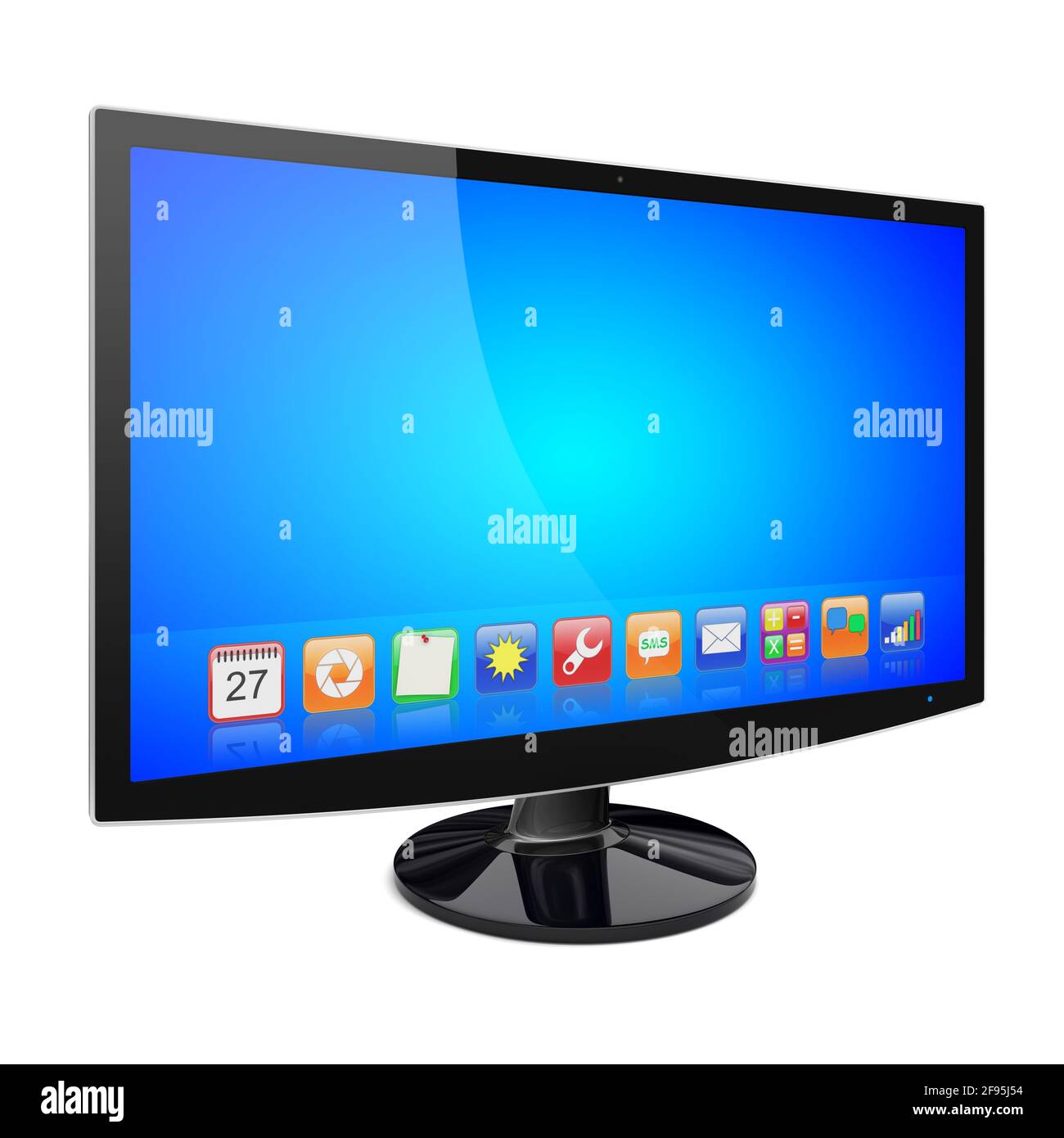 Computer wide monitor with a blue background and colorful apps on a ...