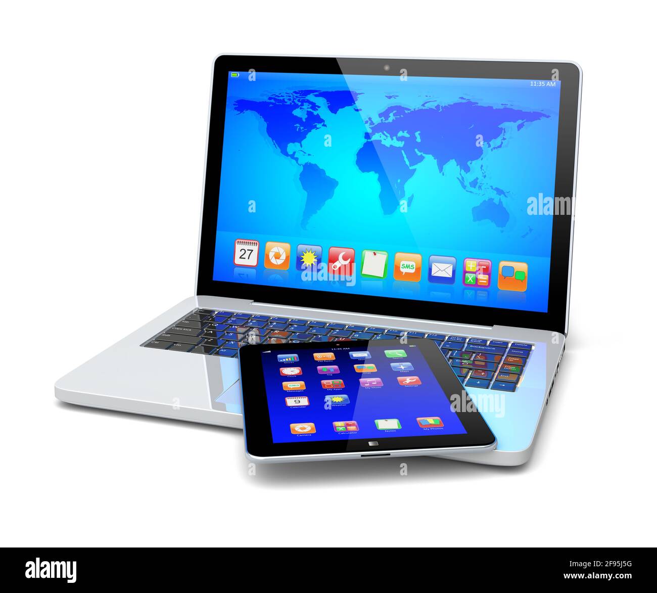 Laptop and tablet pc computer with colorful apps and Earth world map on ...