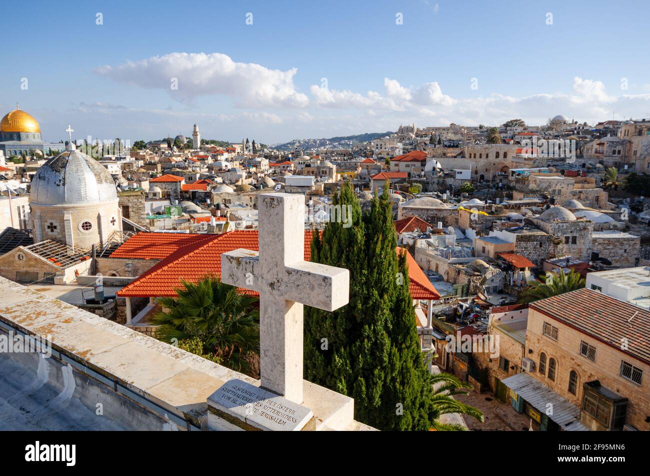 Jerusalem, Israel skyline from above. (Sign reads in German: Donated by ...