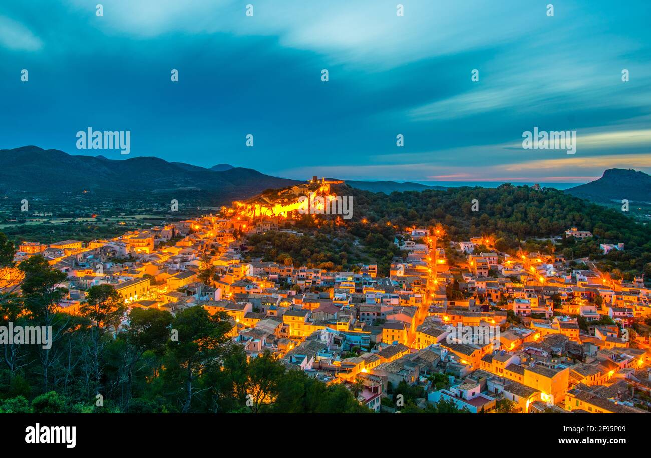 Night aerial view of Capdepera castle and Capdepera town, Mallorca ...