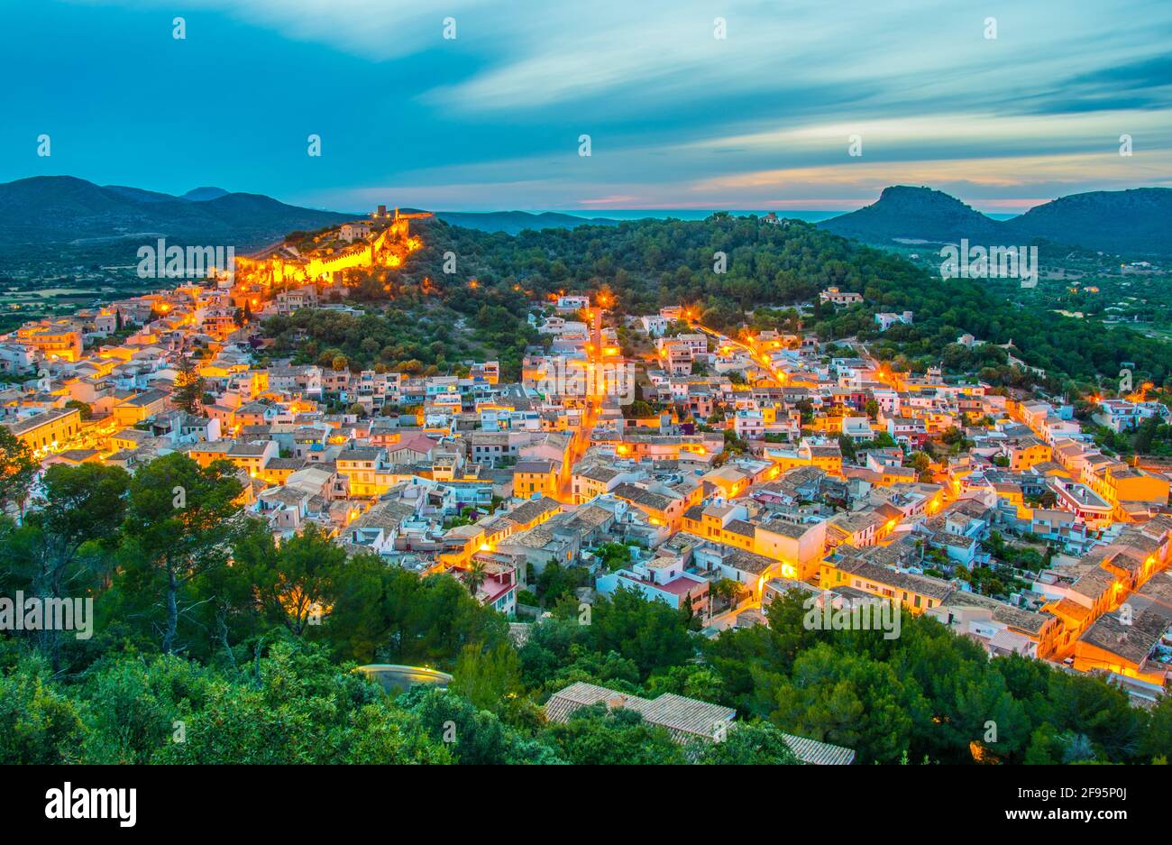 Night aerial view of Capdepera castle and Capdepera town, Mallorca ...
