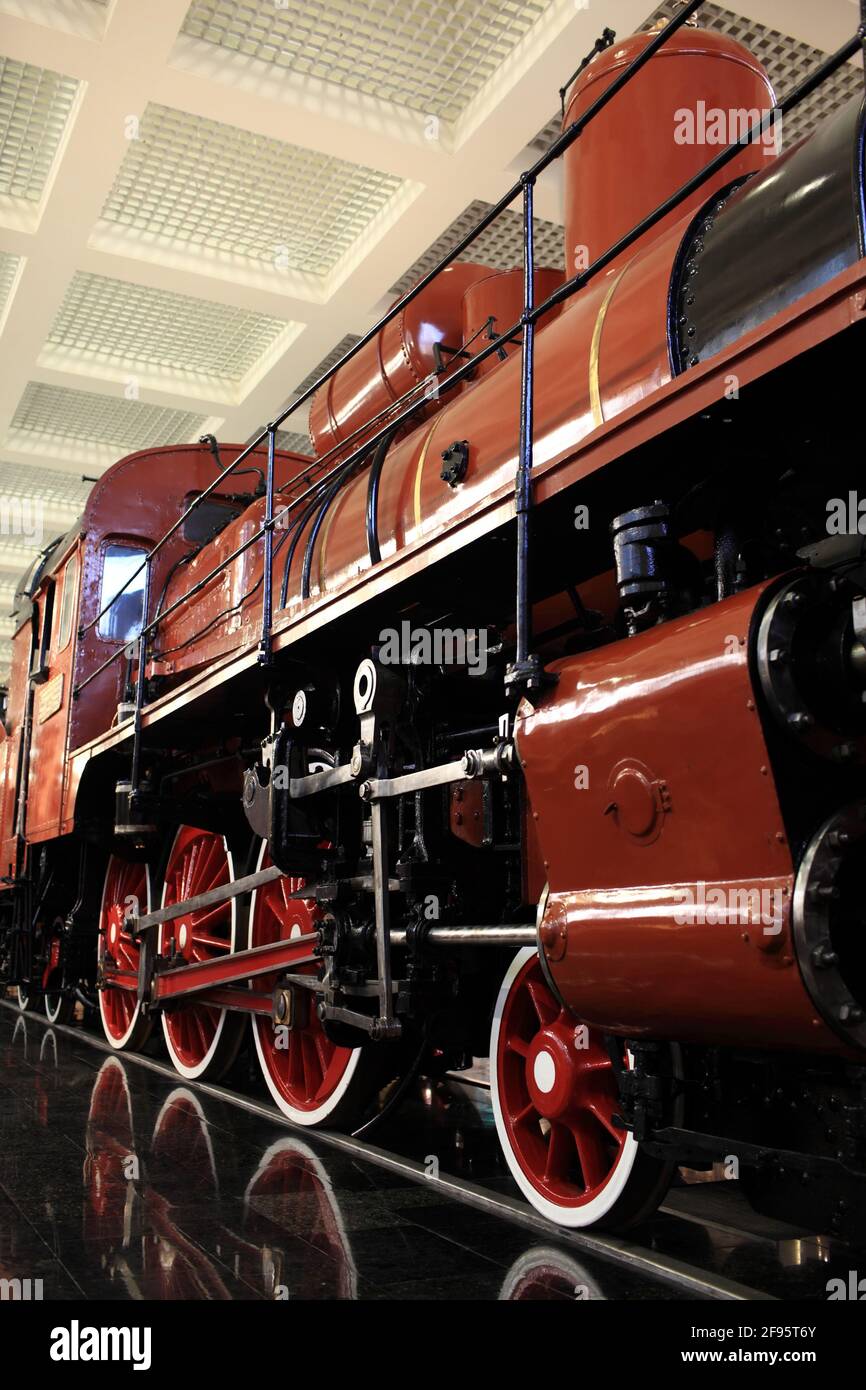Detail of red vintage steam locomotive in a museum Stock Photo - Alamy