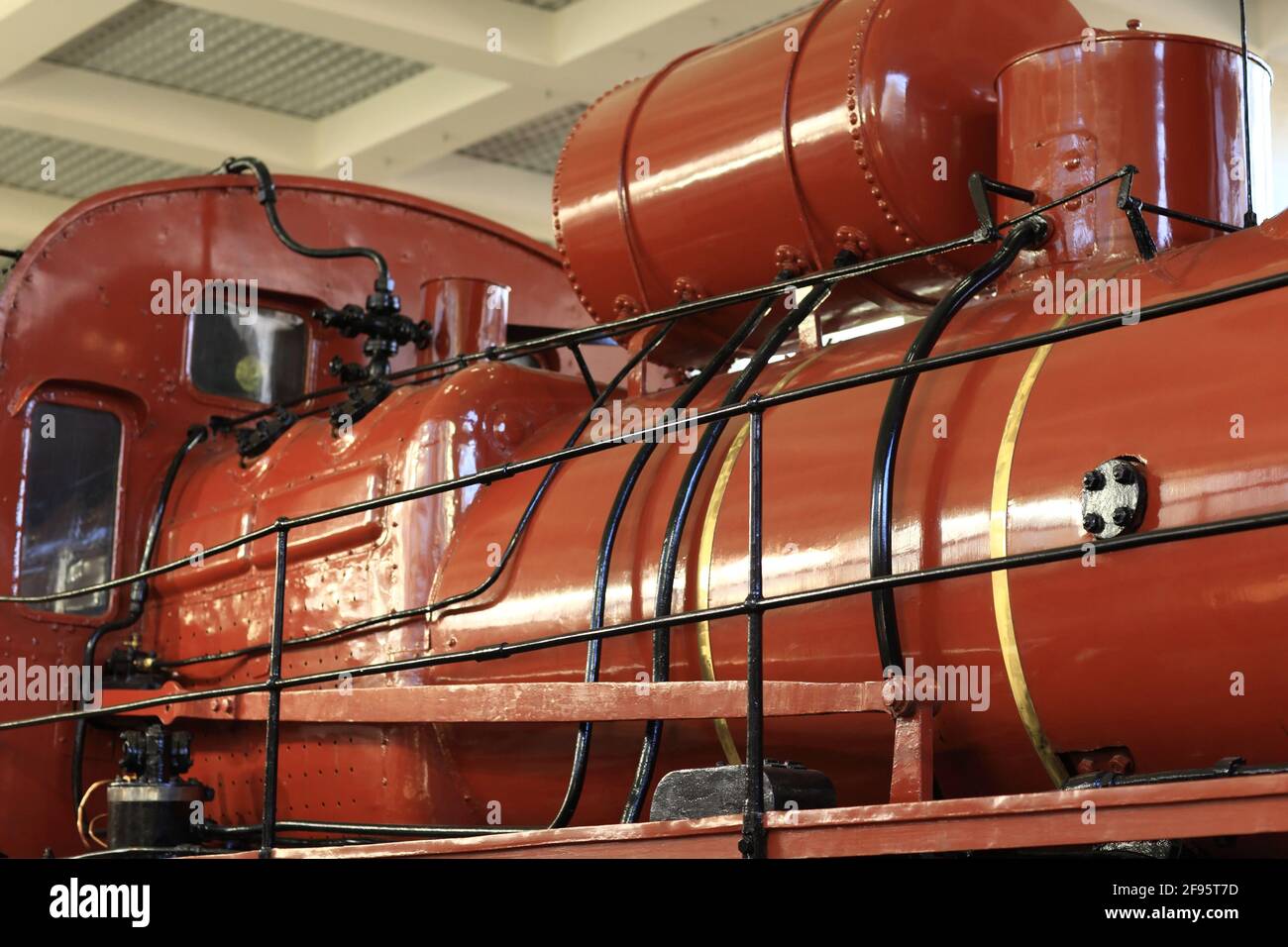 Details of old red locomotive in a museum Stock Photo - Alamy