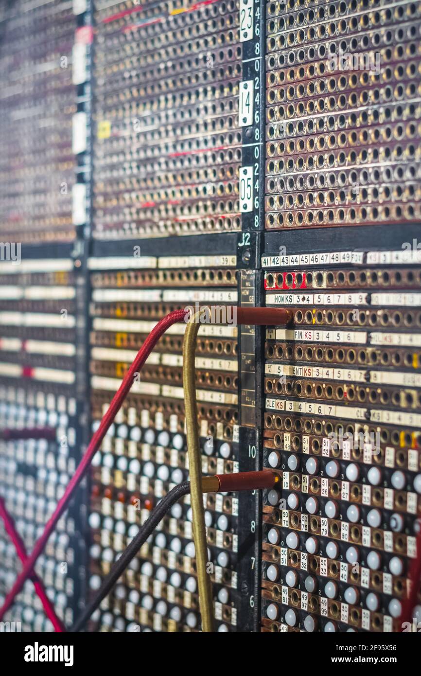 Old fashioned manual telephone exchange switchboard displayed at ...