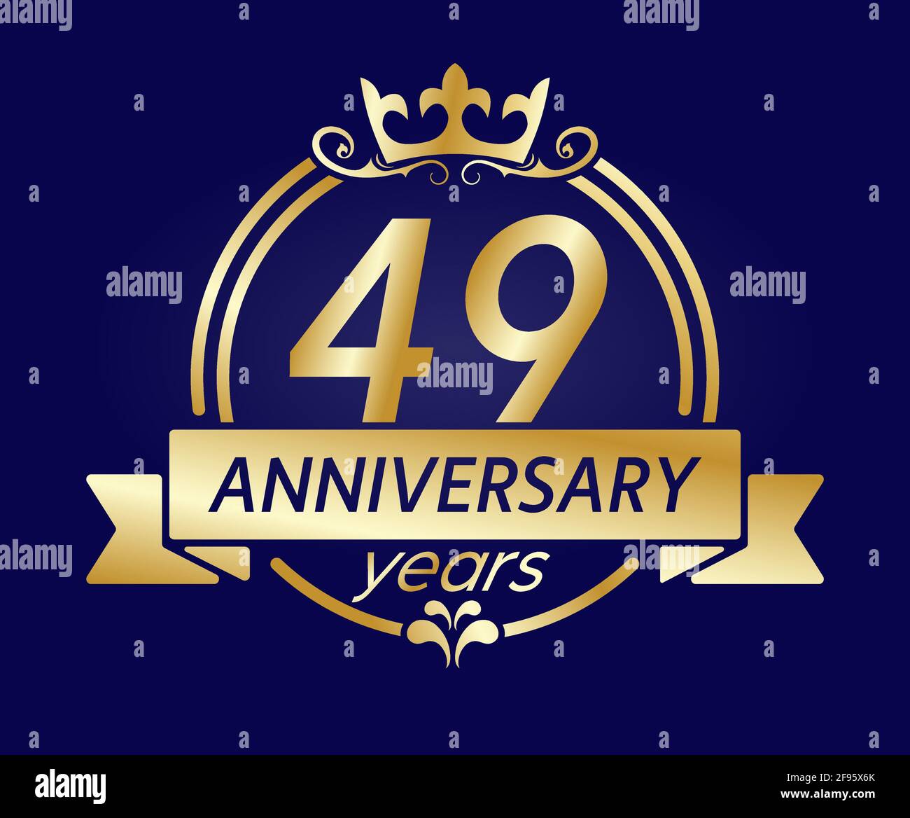 49 year anniversary. Gold round frame with crown and ribbon. Vector ...