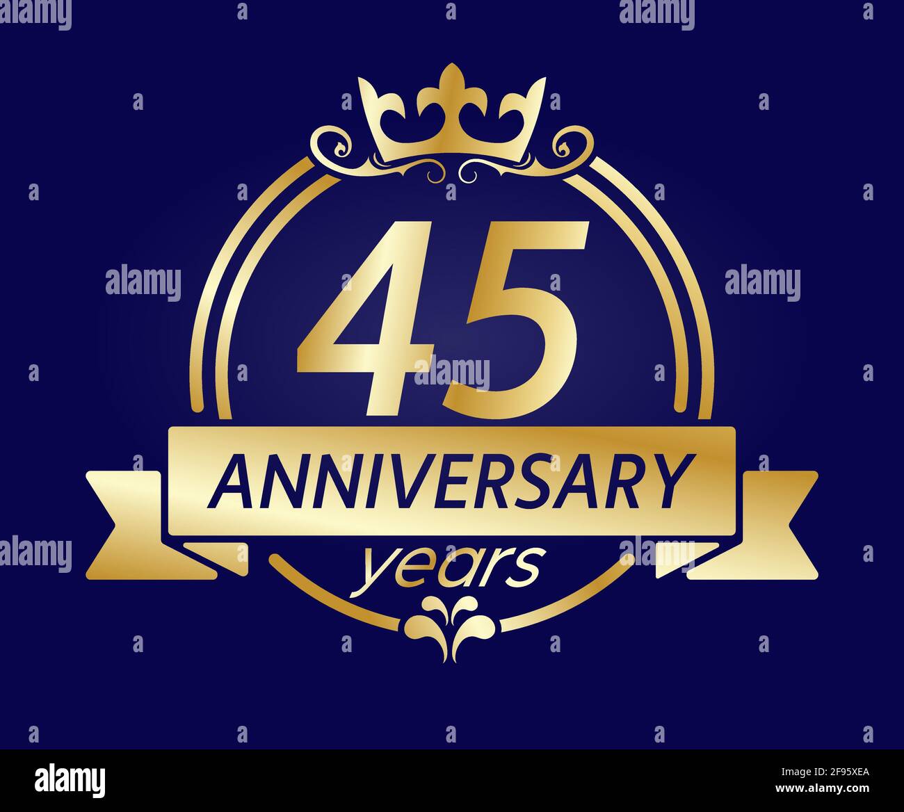 45 year anniversary. Gold round frame with crown and ribbon. Vector ...