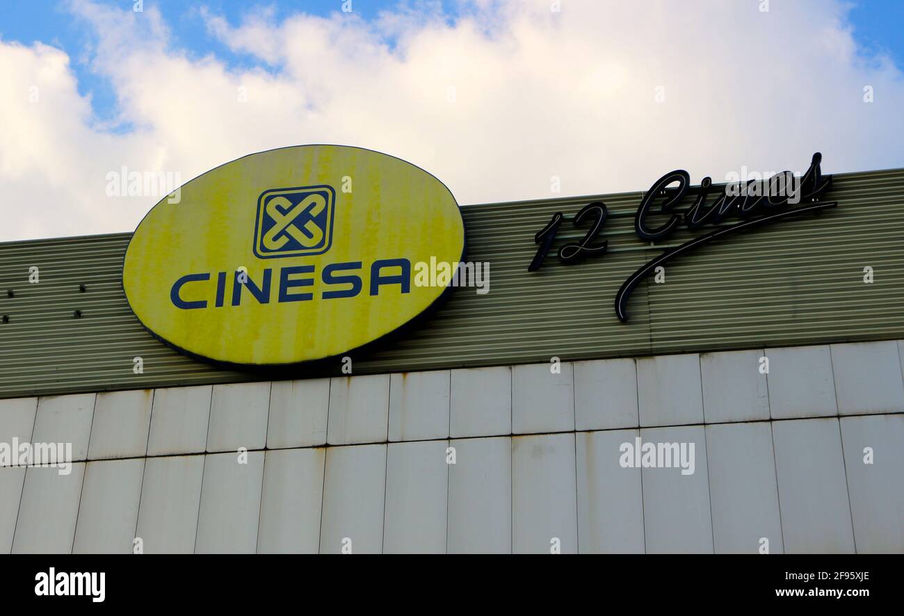 Large sign for the Spanish cinema chain Cinesa on the side of the building Bahia de Santander ...
