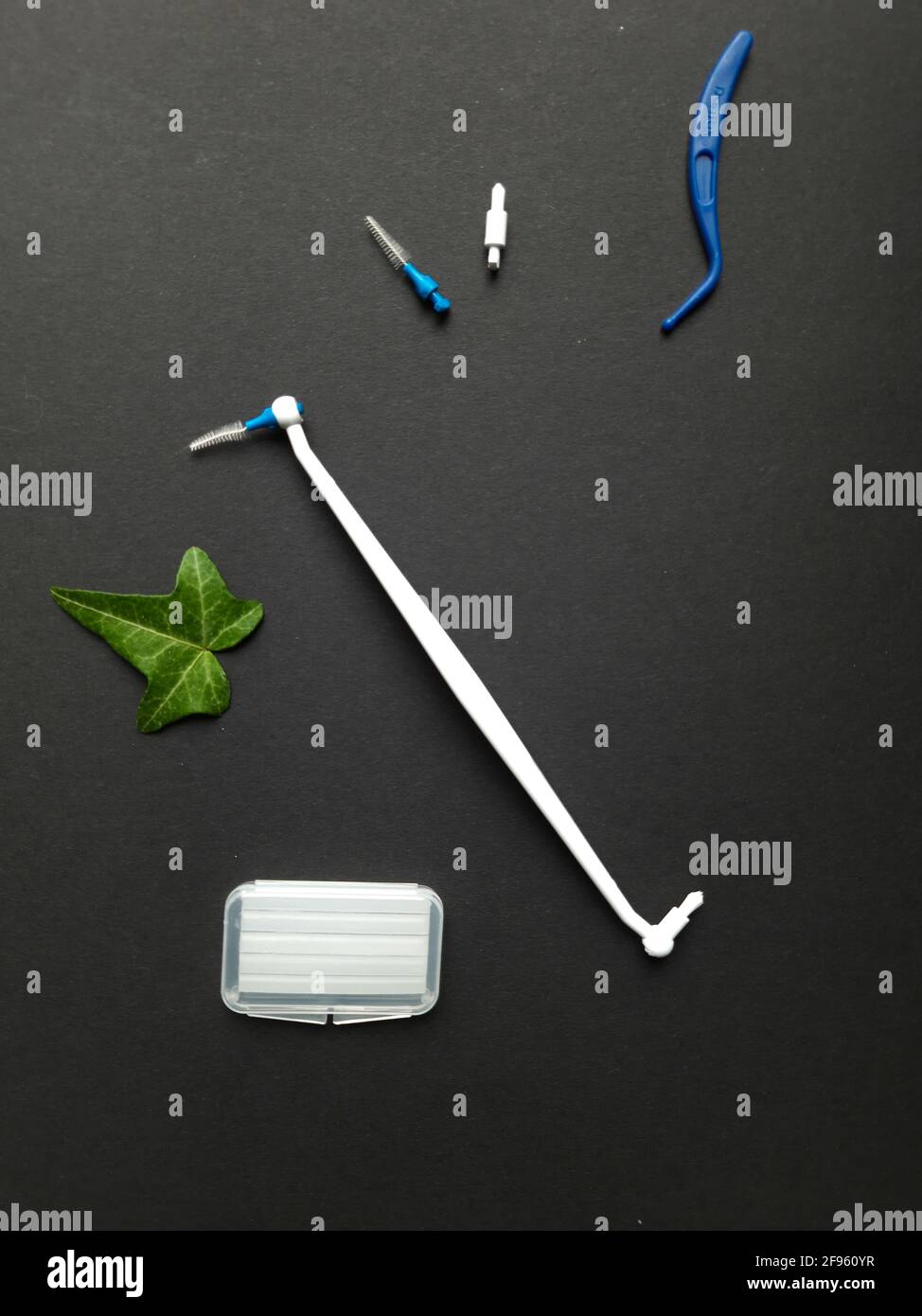 dental tools: end-tufted and interdental brushes, floss on backdrop ...