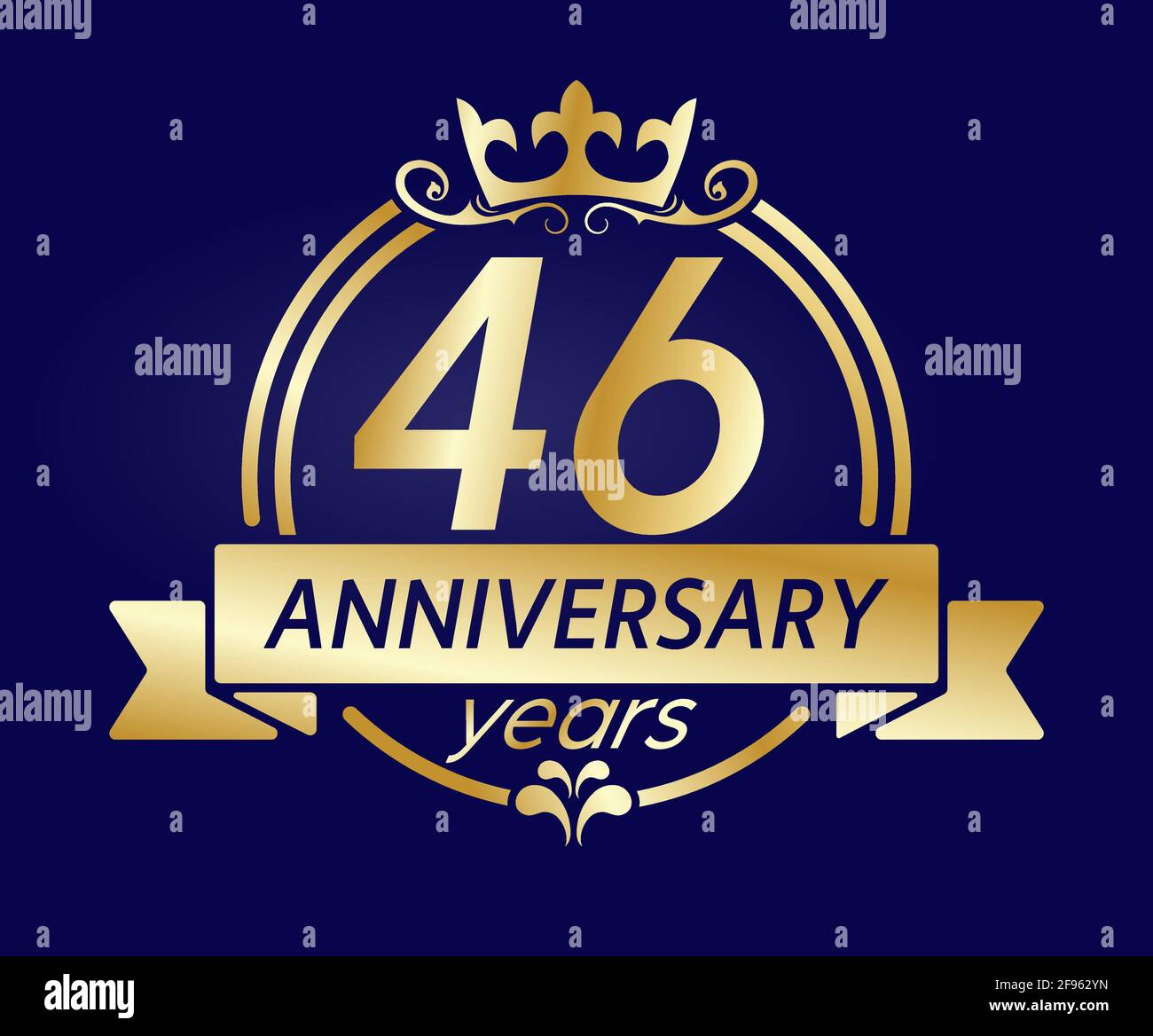 46 year anniversary. Gold round frame with crown and ribbon. Vector ...