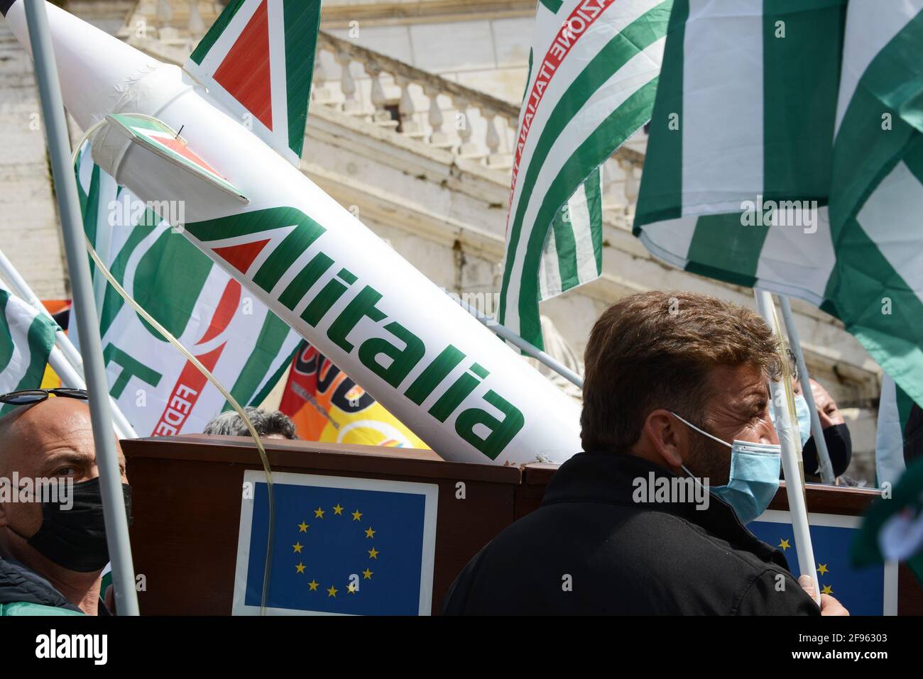 Rome, Italy. 16th Apr, 2021. Protesters stage Alitalia's funeral ...