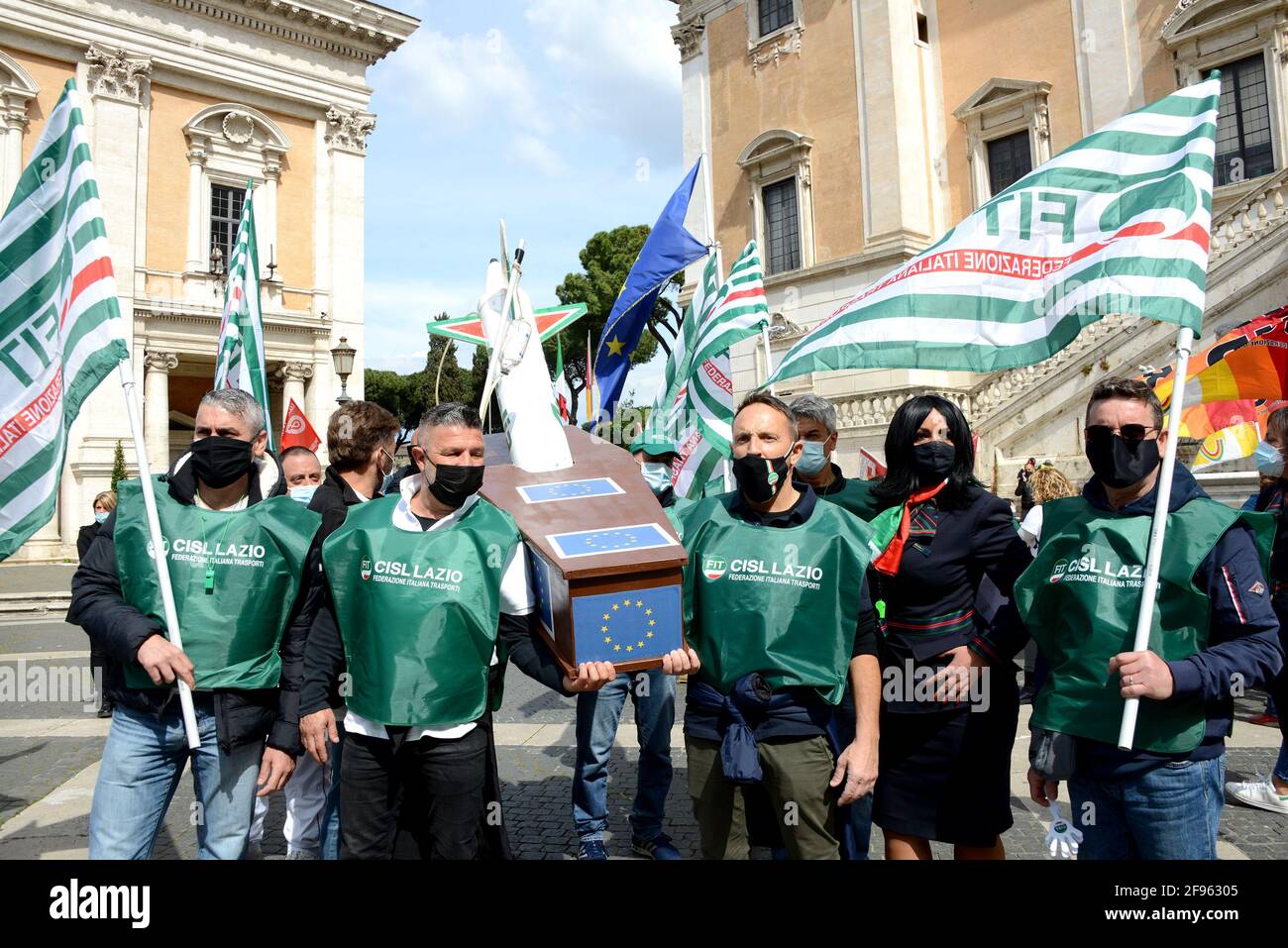 Rome, Italy. 16th Apr, 2021. Protesters stage Alitalia's funeral ...
