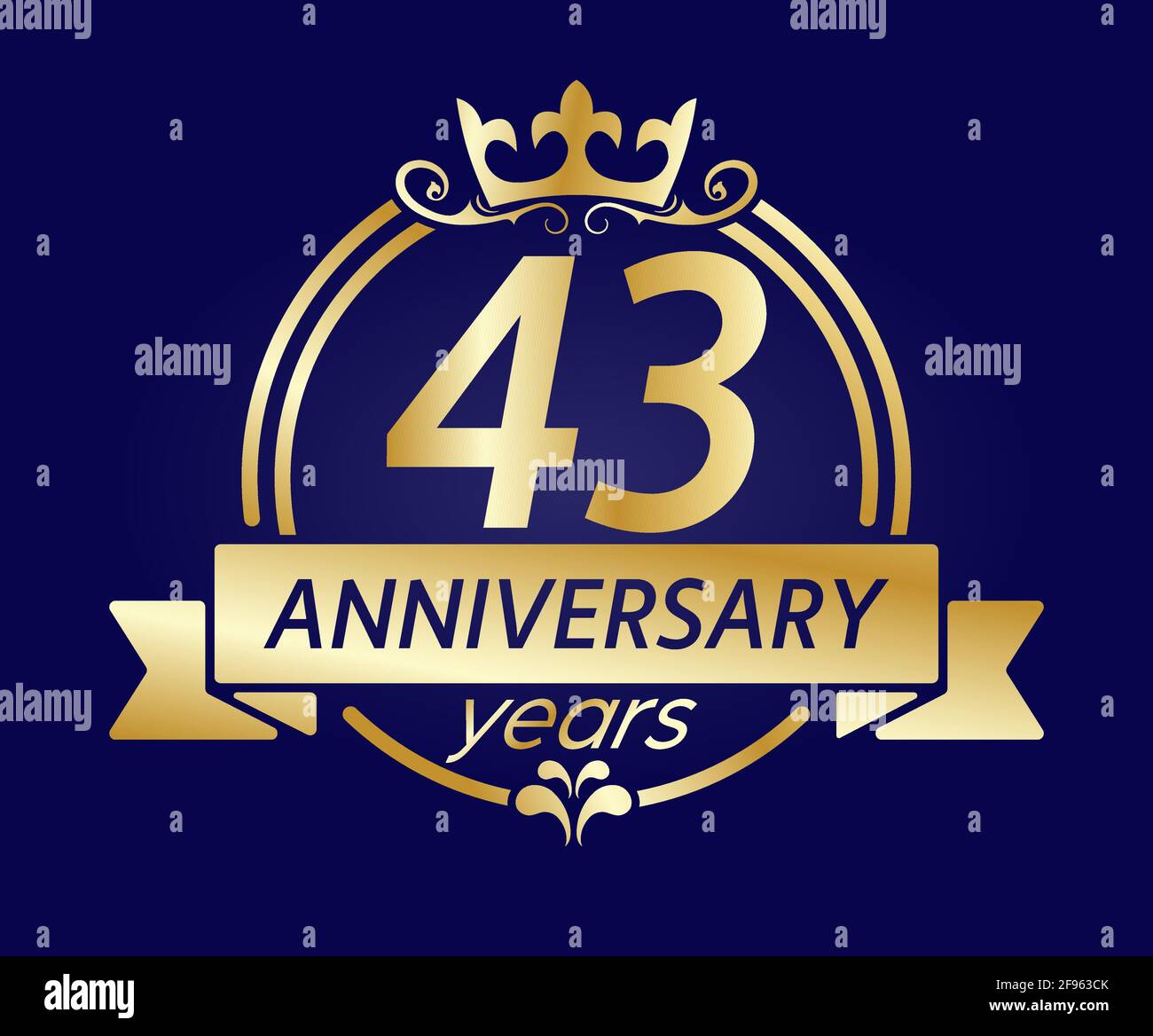 43 year anniversary. Gold round frame with crown and ribbon. Vector ...
